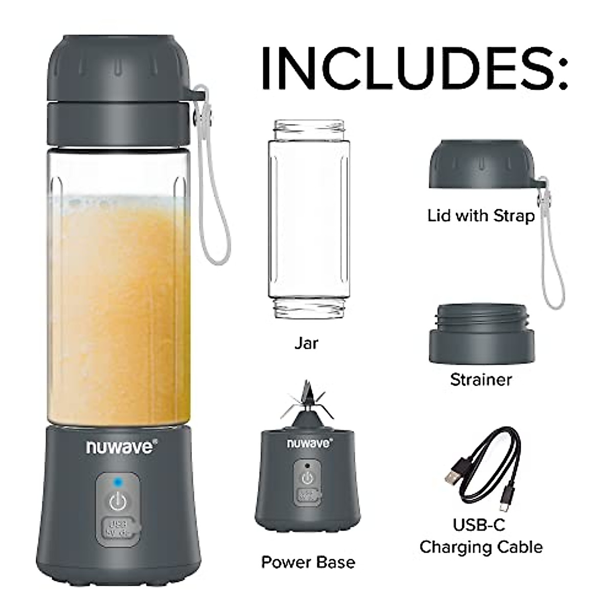 Nuwave Portable Blender for Shakes and Smoothies, On-the-GO Personal Blender with USB-C Rechargeable, 6-Piece-Blade for Crushing Ice, BPA Free 18 Oz Tritan Jar for Travel, Office and Sports