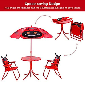 Costzon Kids Table and 2 Chair Set, Ladybug Folding Picnic Table Set with Removable Umbrella for Indoor Outdoor Garden Patio, Gift for Children Boys & Girls