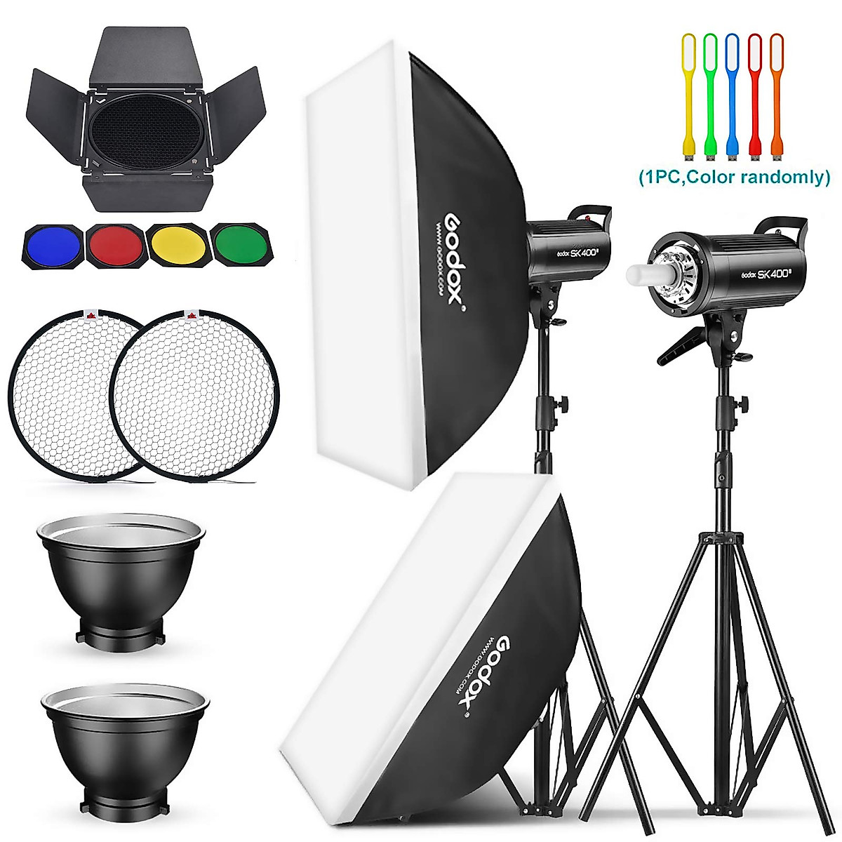 Godox 2 Pack SK400II 800Ws Photo Speedlite Studio Flash Strobe Monolight Bowens Mount Kit for Studio Shooting,Video Location and Portrait Photography with Softbox,Light Stand,Barn Door Kit,Reflector