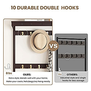 SEIRIONE Bamboo Coat Rack Shoe Bench, 5 in 1 Design Freestanding Hall Tree for Entryway Storage Organizer, 10 Hanger Hooks, 1 Upper Shelf, Easy Assembly,Dark Brown