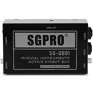 SGPRO Active Direct Box, Recording Signal DI Box for Musical Instruments as Guitar, Bass Guitar, and Keyboard Live Performance or Studio, 1/4" to XLR, Ground Lift 48V Phantom Powered Compact Unit