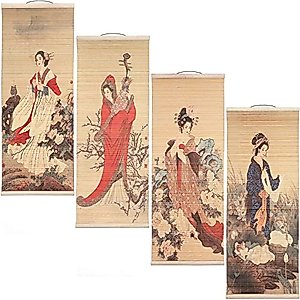 4 Pack Hanging Chinese Painting Wall Scroll for Chinese Room Decor (10 x 26 In)