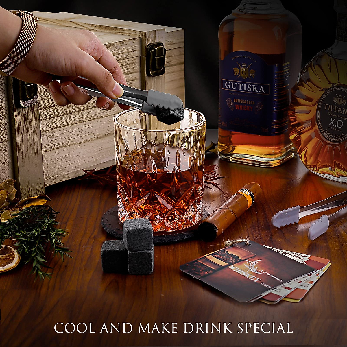 Whisky Stones and Glasses Set Gift for Men, Pack of 2 Whiskey Glasses 10 oz, 8 Granite Chilling Rocks, 2 Slate Coasters, Cocktail Cards in Wooden Crate Special present for Husband Father Boyfriend Him