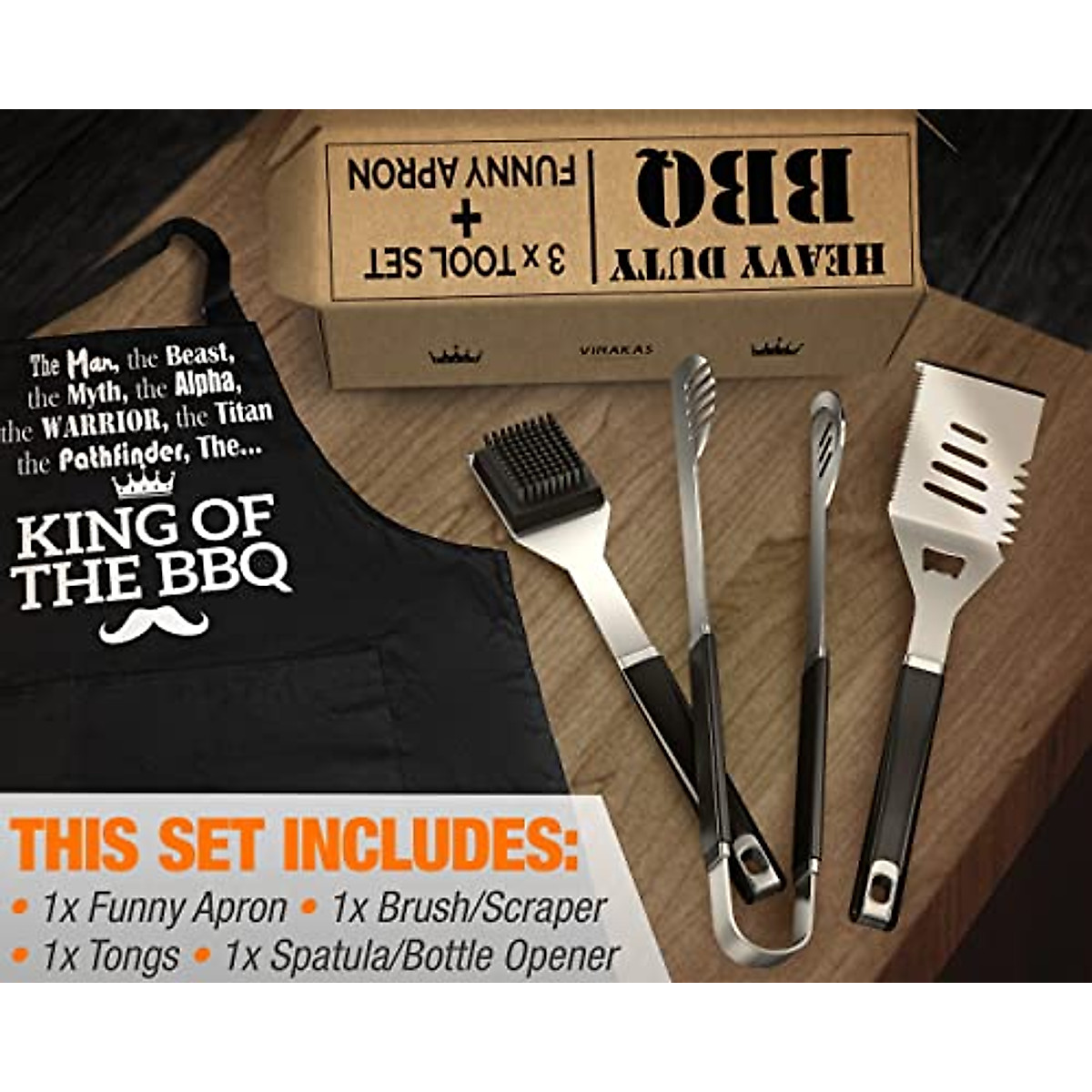 Fun BBQ Gifts for Men : 4Pcs Set Grilling Accessories. Heavy Duty Stainless Steel Utensil Set + Funny Apron. Best Grilling Gifts for Men or Gifts for Men who Have Everything.