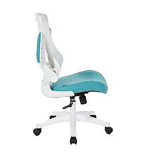 Office Star Ventilated White Screen Back Manager's Office Chair with Padded Color Flip Arms with White Nylon Base, Linen Turquoise Fabric