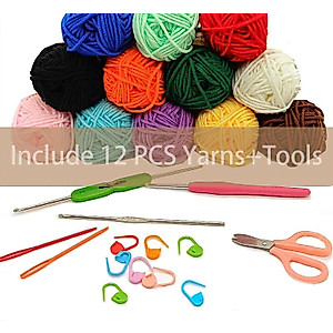 Crochet Kit for Beginners 12 Colors Acrylic Yarn Set with Crochet Hook Crochet Knitting Crafts Starter Pack for Adults and Kids(Yarn+Tool)