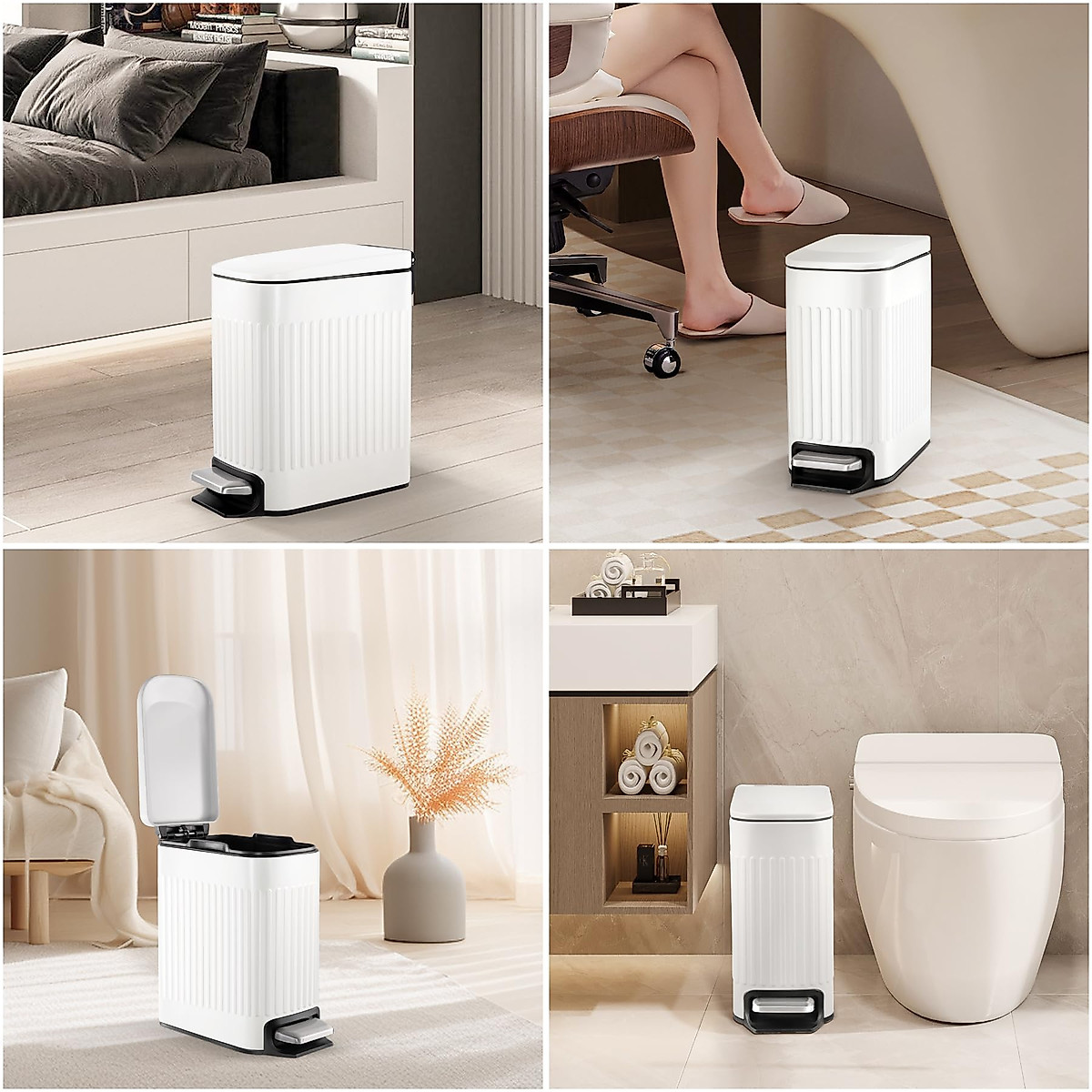 Cesun Bathroom Trash Can with Lid, 1.6 Gallon Small Metal Garbage Can with Foot Pedal, Slim Waste Basket for Bathroom, Office, Bedroom, Laundry, White