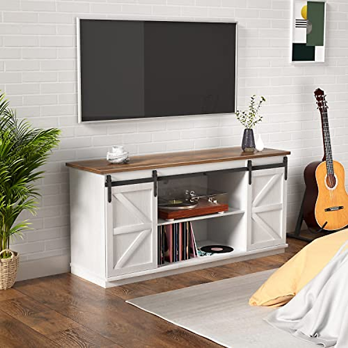 YESHOMY Farmhouse TV Stand for Televisions up to 65+ Inch with Sliding Barn Doors and Storage Cabinets, Entertainment Center Console Table, Media Furniture for Living Room, 58 Inch, White
