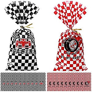 100 Pack Racing Car Candy Bags Car Favor Cellophane Bags Black and White Race Car Treat Bags Checkered Soccer Theme Goodie Bags with 100 Gold Twist Ties for Race Themed Birthday Party Supplies