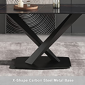 Rectangle Kitchen & Dining Table, Modern Dining Table, X-Shape Pedestal Table with Durable Sintered Stone Top for Home/Office/Conference/Apartment, 63" x 35.43", Black Tabletop Black Base
