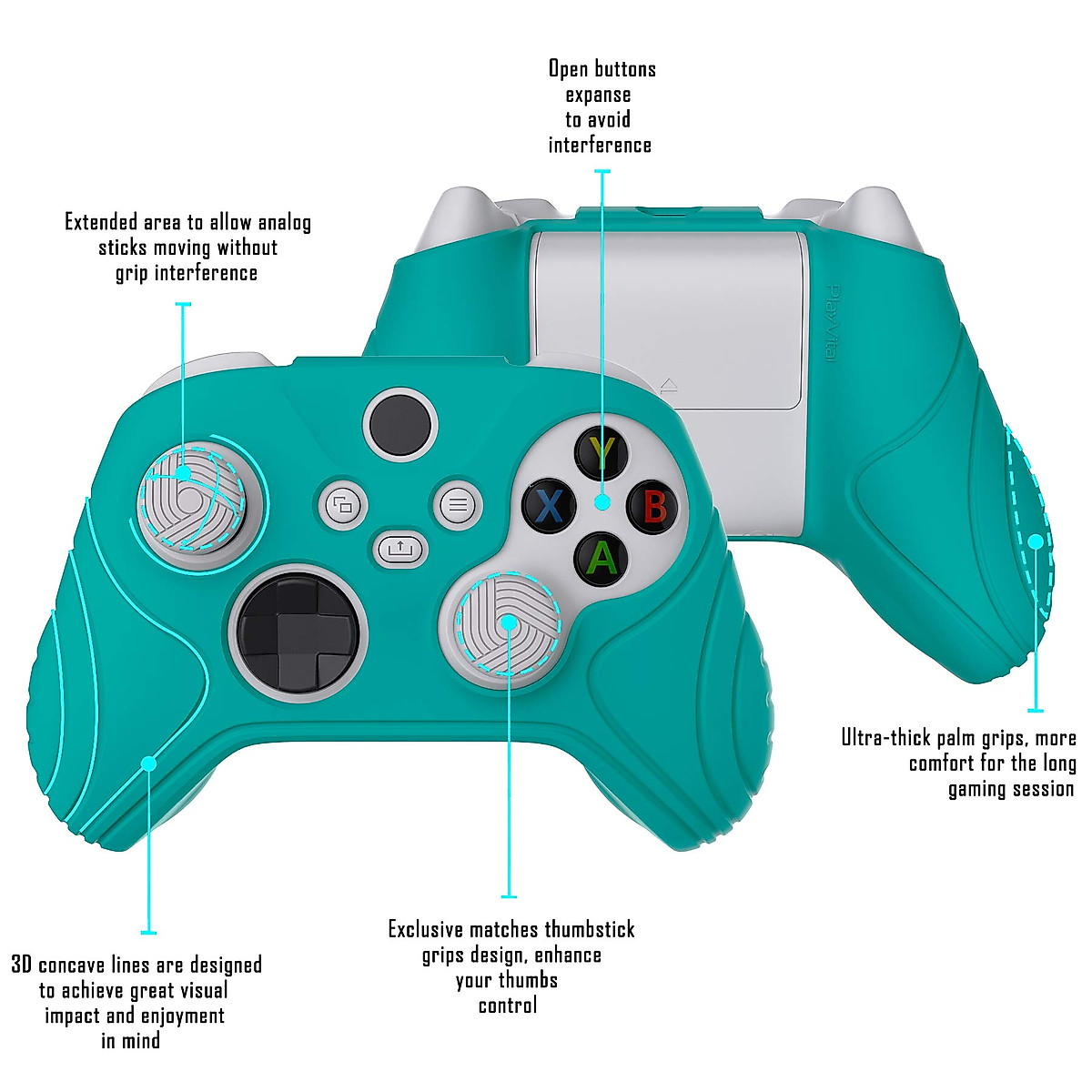 eXtremeRate PlayVital Samurai Edition Aqua Green Anti-Slip Controller Grip Silicone Skin for Xbox Core Controller, Ergonomic Protective Case Cover for Xbox Series S/X Controller w/Thumb Grips