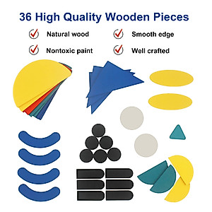 FLYINGSEEDS Wooden Pattern Blocks Animals Jigsaw Puzzle Sorting and Stacking Games Montessori Educational Toys for Toddlers Kids Aged 3+ Years Old (36 Shape Pieces & 60 Design Cards)
