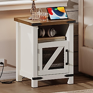 HOOBRO Farmhouse Nightstand with Charging Station, 18“ End Table with Barn Door Storage Space, Wooden Side Table with Outlets and USB Ports, Night Stand for Bedroom, Office, Antique White WH175UBZ01