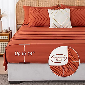 Litanika King Size Comforter Set with Sheets Burnt Orange - 7 Pieces Bed in a Bag King Boho Terracotta Complete Beddding Sets Rust Lightweight Bed Set with Comforter, Sheets, Pillowcases & Shams