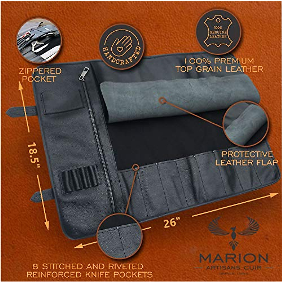 Marion - LE MINUIT - Genuine Calf Top Grain Black Leather - Handcrafted Professional Chef's Knife Storage Roll Bag - 8 Pockets - Adjustable Shoulder Strap - Zippered Interior and Exterior Pocket