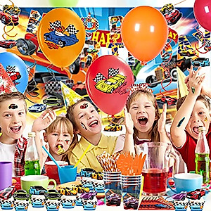 169 PCS Race Car Birthday Party Supplies, Car Theme Decorations for Serves 10 Guests, Include Banner, Cupcake Toppers, Hanging Swirls, Backdrop, Tablewares, Balloons, Tablecloth and Tattoo Stickers