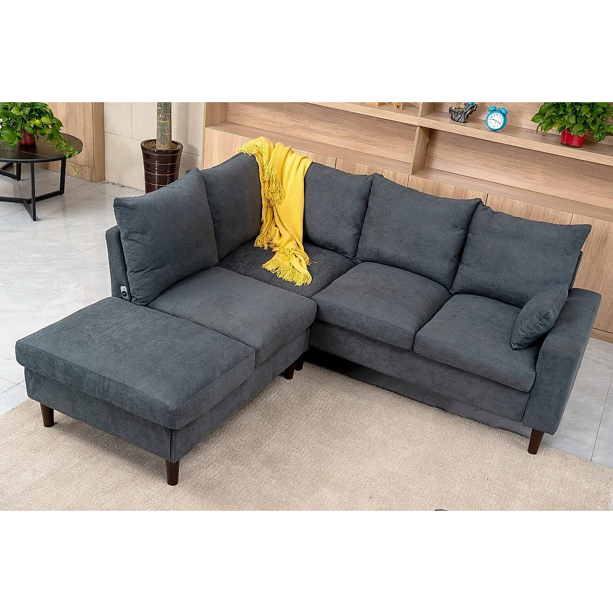 Panana Convertible Sectional Sofa Couch, L-Shaped Corner Couch 4-Seat Sofa withBuilt-in USB Charging Port Chaise, Modern Linen Fabric Couches for Living Room