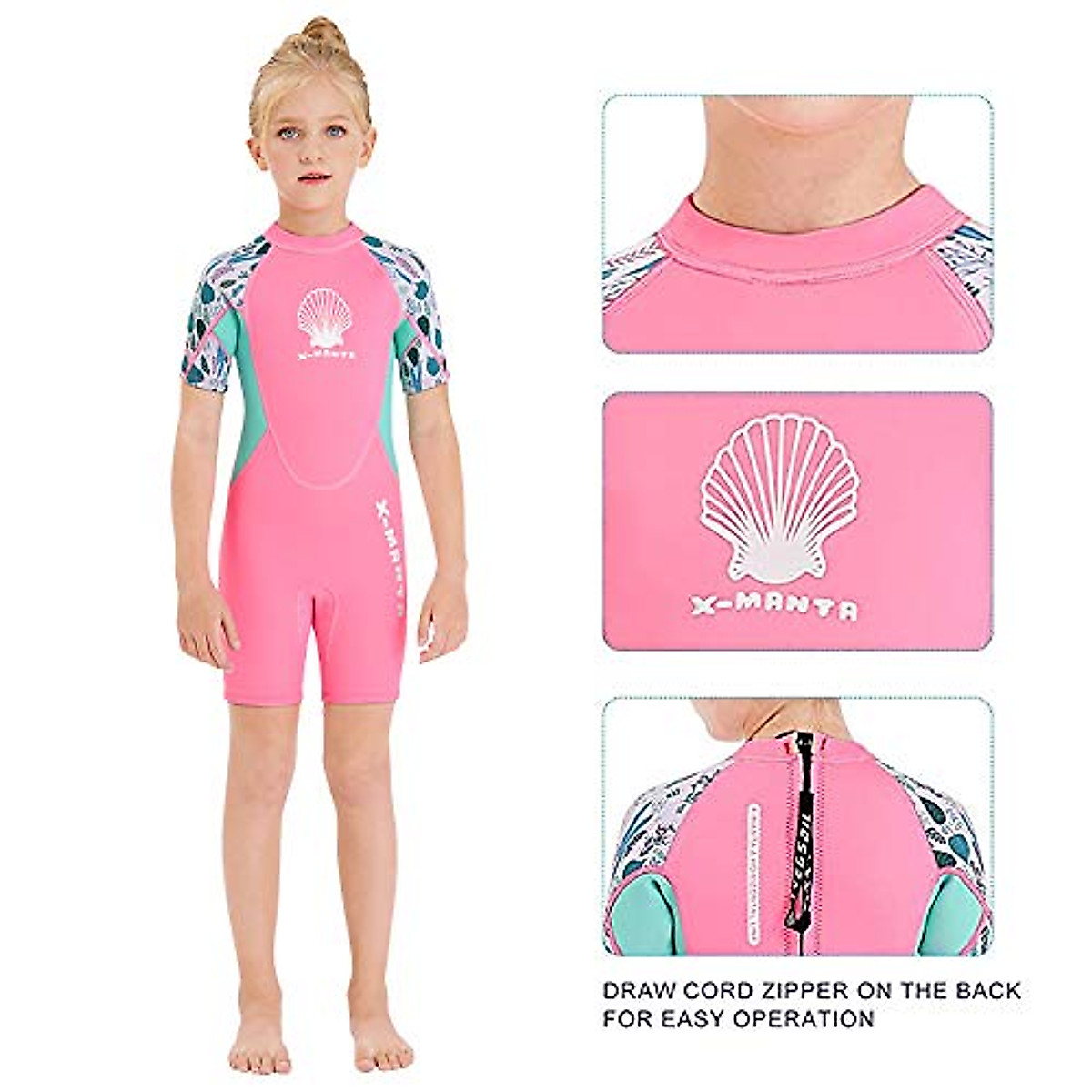 Wetsuit Kids Shorty Neoprene Thermal Diving Swimsuit 2.5MM for Girls Boys Child Teen Youth Toddler, One Piece Children Rash Guard Swimming Suit UV Protection Sunsuit for Surfing (Girl Pink, M)