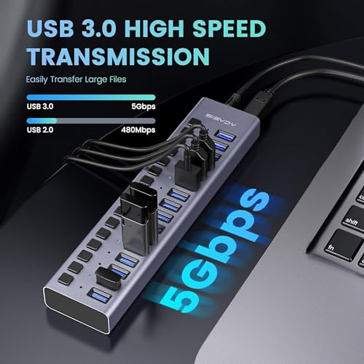 90W Powered USB Hub - ACASIS 16 Ports USB 3.0 Data Port, Aluminum Housing, Individual On/Off Switches, 12V/7.5A Power Adapter, USB Charging Hub/USB Splitter for Laptop, PC, Computer, Printer