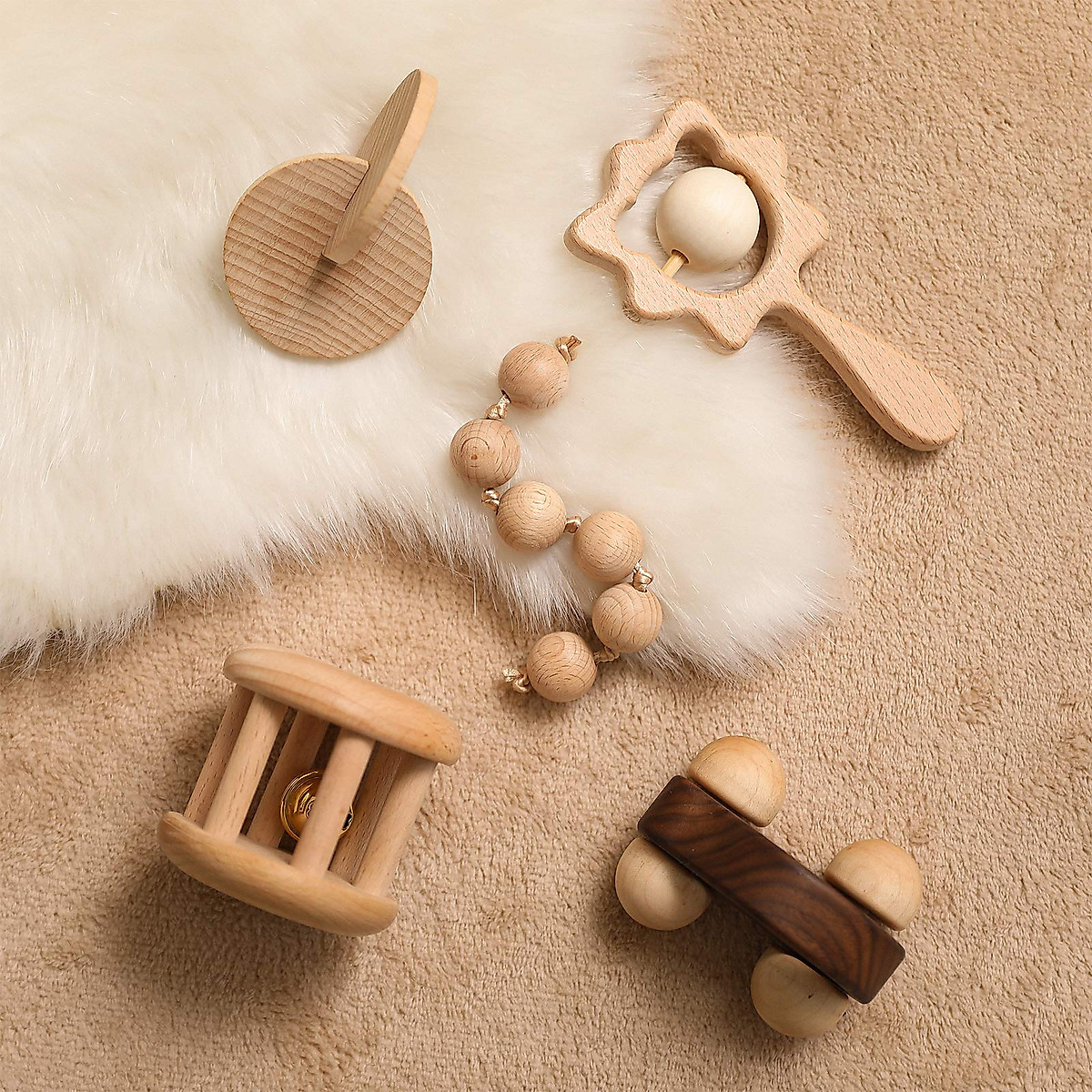 Wooden Baby Toys for Babies 0-6 Mounths, Wooden Rattles Grasping Toys Set, Montessori Wood Baby Push Car and Handbells，Interlocking Dics Toys, Wooden Toy for Newborn Infant Baby Gifts, 5 PCS