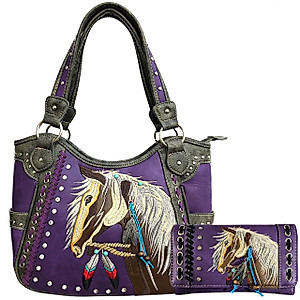 Zelris Dakota Dales Pony Horse Embroidery Mane Western Country Women Conceal Carry Tote Purse with Matching Wallet Set (Purple)