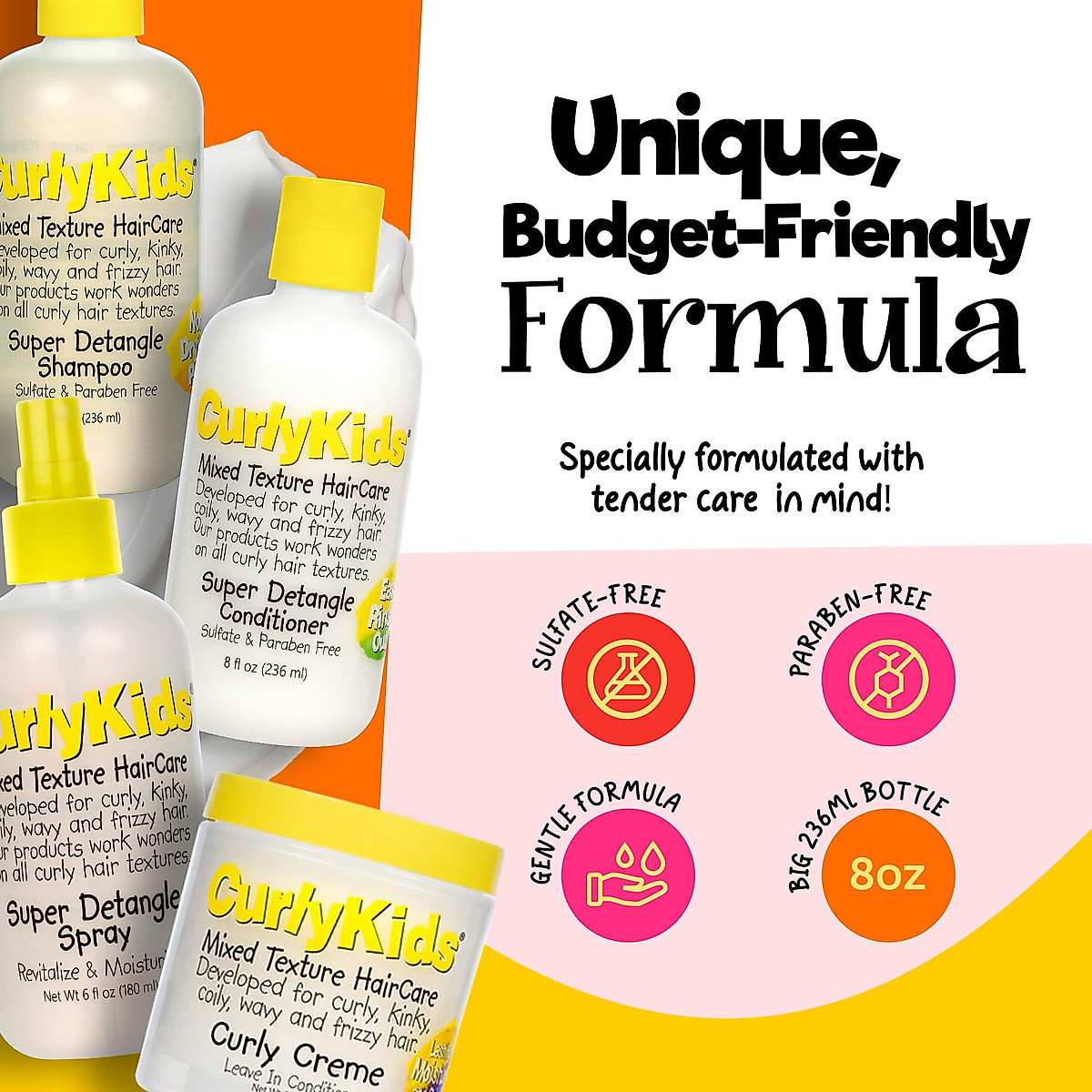 CurlyKids Textured Hair Care Set with Hair Detangler Spray, Kids Shampoo, Conditioner & Creme for Curly, Frizzy, & Wavy Hair | Sulfate & Paraben-Free Formula to Detangle, Hydrate, and Revitalize Curls