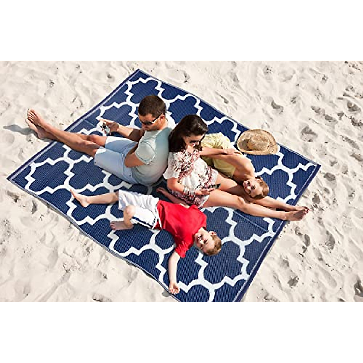 Beverly Rug Trellis Outdoor Rugs 10x13 Waterproof Reversible Plastic Straw Rug Outdoor Carpet, Outside Mat for Patio, Camping, Picnic, Porch, Deck, RV, Beach, Pool, Blue and White