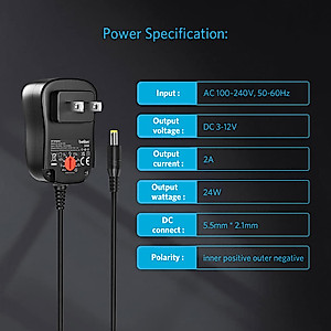 Belker 24W Multi Voltage 3V 4.5V 5V 6V 7.5V 9V 12V Universal AC DC Power Adapter Supply for Household Electronics - Max Amp 2000mA