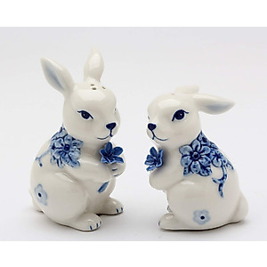 Fine Ceramic Hand Painted Classic Dutch Blue and White Bunny Rabbit Holding Blue Flowers Salt & Pepper Shakers Set, 3-3/8" H