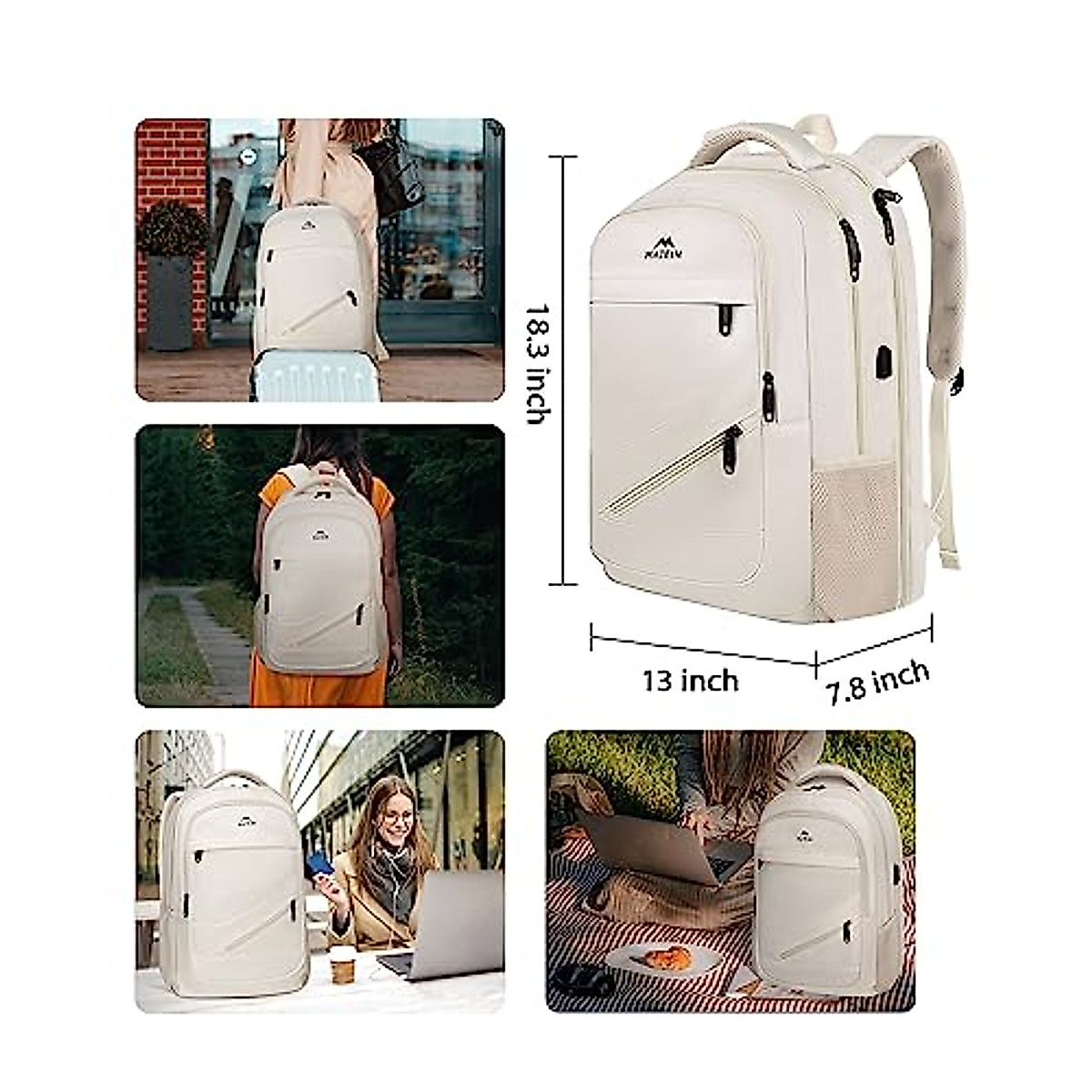 MATEIN 17 inch Laptop Backpack for Women, Big Travel Backpack Airline Approved with Luggage Strap, Heavy Duty Work Bag with USB Charging Port, Water Resistant Bag for College, Beige