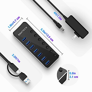 Powered UBS Hub, RSHTECH 7 Port USB 3.0/USB C Hub Upgraded Version Aluminum USB Hub with 2-in-1 USB Cable,5V 3A Power Adapter and Individual Switches, USB Port Expander Hub for Laptop and PC, RSH-ST07