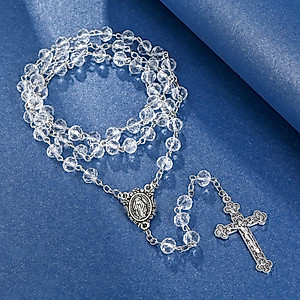 Catholic Rosary Clear Crystal Beads Rosary Necklace with Miraculous Medal Cross Crucifix Rosaries Communion Rosary for Women