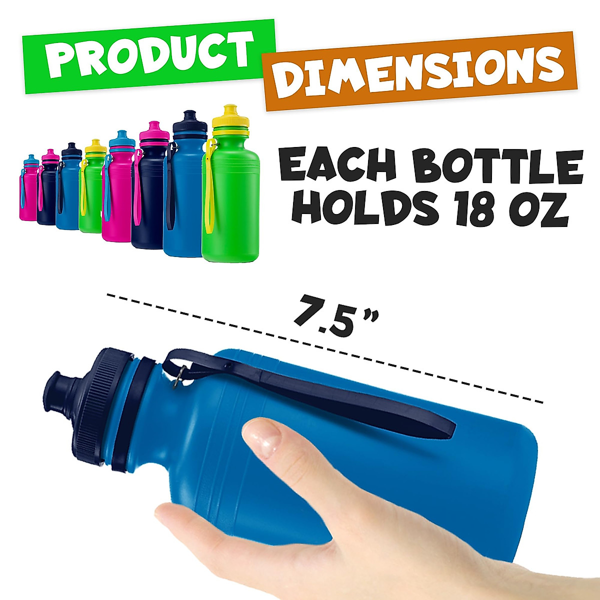 Bedwina Bulk Water Bottles For Kids - (pack Of 12) 18 Oz - 7.5 Inch BPA-Free Plastic with Pop-up Tops & Handles for Sports, Summer, Reusable Water Bottles Bulk For School