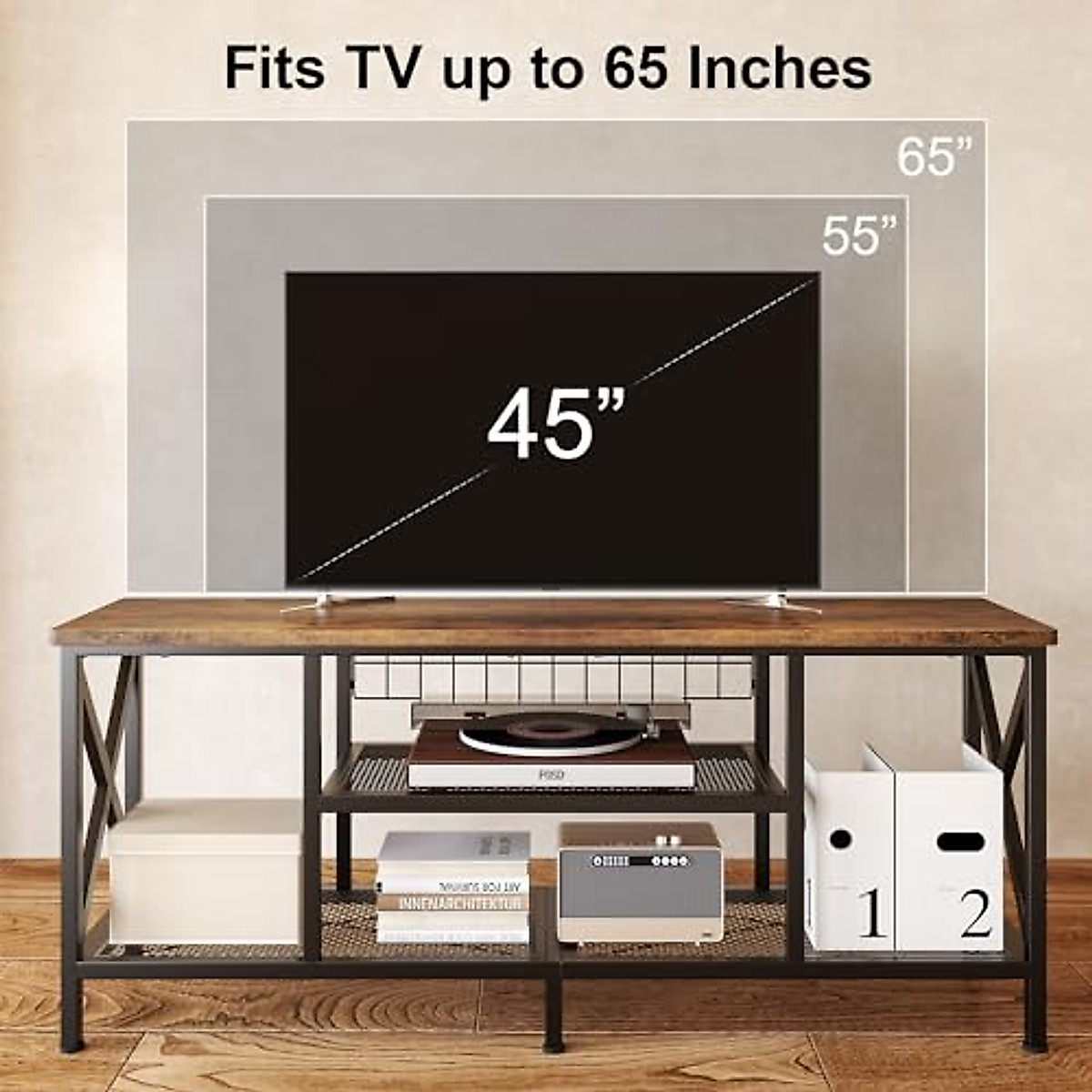 Gizoon 59.8" Industrial TV Stand for 55-65 Inch TVs, Rustic Brown, 3-Tier Media Entertainment Center with Open Shelves, Metal Frame, Sofa Table for Living Room, Bedroom, Office