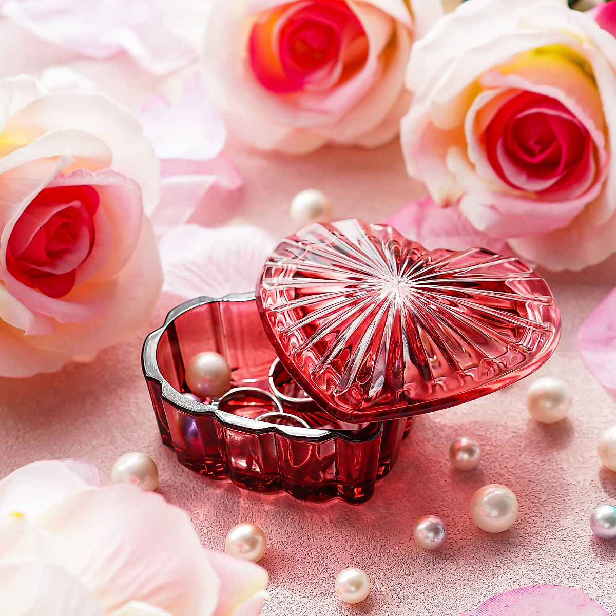 kanpura Crystal Glass Heart-Shaped Jewelry Box,Candy Box with Lid,Women's Covered Earrings Necklace Chest Trinket Storage Box, Glass Storage Jar Gift Box for Women and Girls(Burgundy)