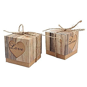 Kaptin 50 Pack Candy Favor Boxes Vintage Kraft Bonbonniere with Burlap Twine, Love Heart Imitation Bark Gift Bag for Wedding Birthday Bridal Party Shower Decoration
