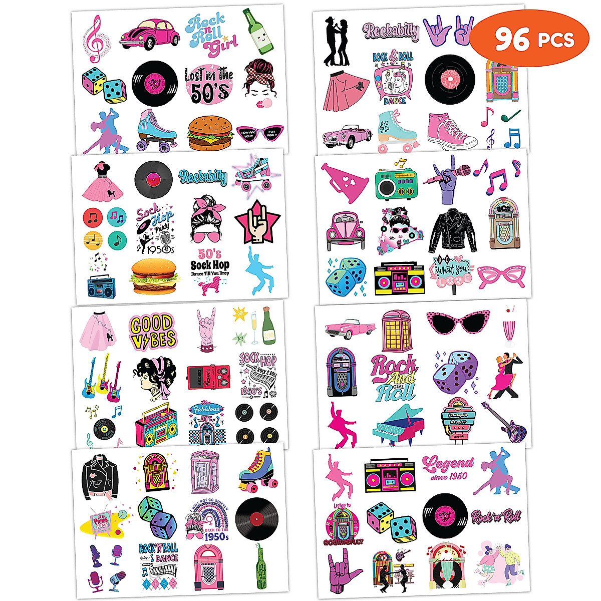 50s Temporary Tattoos for Fans, Themed 50s Birthday Party Decorations Favors Party Supplies 96PCS Tattoo Sticker Women Men Gifts Boys Girls Classroom School Prizes