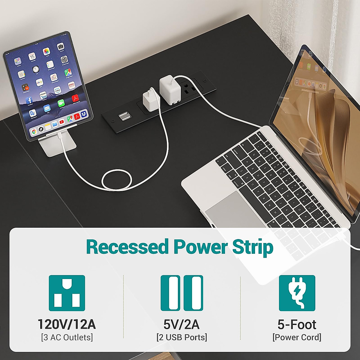 Hyomdeck Reversible L Shaped Computer Desk with Power Outlets and USB Charging Ports, Sturdy Corner Desk with Storage Shelf, Modern Work Gaming Table for Home Office, Easy to Assemble, Black