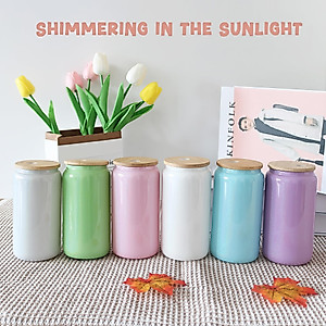 VEVELU 30 Pack Sublimation Glass Cups with Lids and Straws 16oz Shimmer Sublimation Beer Glasses Can Blanks Tumblers Sparkling Iridescent Glass Cups with Bamboo Lid Drinking Juice Jars Iced Coffee Cup