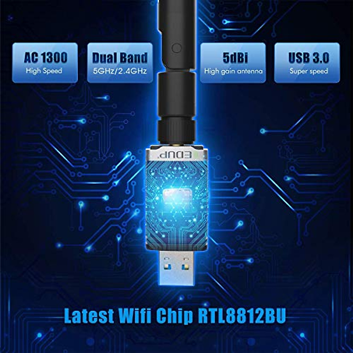 EDUP USB 3.0 Wi-Fi Adapter AC1300Mbps WiFi Dongle 802.11 ac Wireless Network Adapter with Dual Band 2.4GHz/ 5.8GHz 5dBi Antenna for Desktop Windows XP/Vista / 7/8.1/10 / Mac 10. 6-10.15