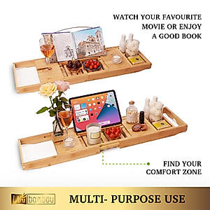 Bamboo Bathtub Caddy Tray for Luxury Bath, Expandable Bath Tray for Tub with Book and Wine Holder- Gift Idea for Loved Ones