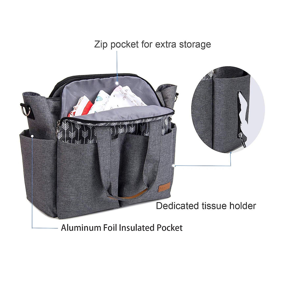 Lekebaby Diaper Bag Tote Large Mommy Bag for Hospital, Baby Bags for Mom Travel Diaper Tote Messenger Purse, Grey, Arrow Print