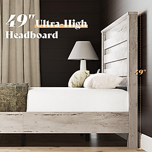 AMERLIFE Farmhouse Queen Size Bed Frame with 49" Fluted Headboard, Platform Bed with Natural Wood Grain, No Box Spring Needed/Noise Free, Distressed White