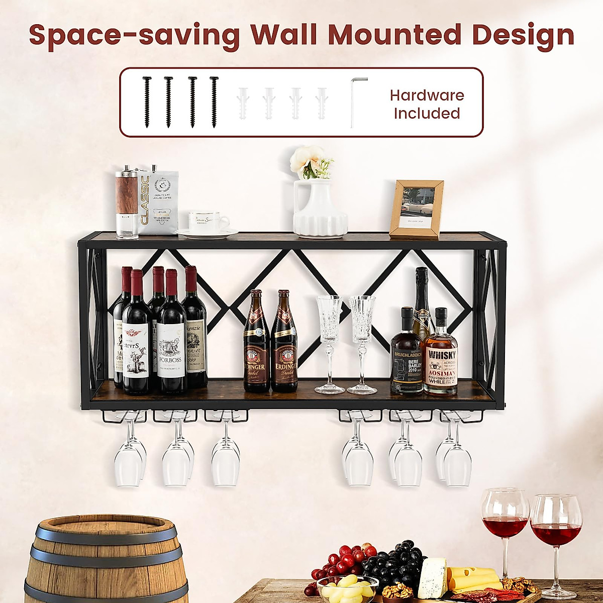 Giantex Industrial Wall Mounted Wine Rack, 39-Bottle Metal Wine Holder Wall with 12 Glass Holder, Hanging Wine Glass Rack Wall Mounted for Home Bar, Kitchen, Dining Room, Rustic Brown