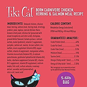 Tiki Cat Born Carnivore High Protein, Chicken, Herring & Salmon Meal, Grain-Free Baked Kibble to Maximize Nutrients, Dry Cat Food, 5.6 lbs. Bag