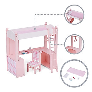 Sophia's 18" Inch Doll Accessories, 9 Piece Aurora Princess White and Pink Loft Bed Bunk Desk, Chair and Accessories