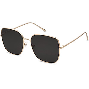 SOJOS Trendy Oversized Square Metal Frame Sunglasses for Women Men Retro Big Flat Lens UV Protection Sunglasses SJ1146, Gold Frame/Grey Lens