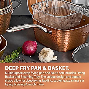 Gotham Steel Hammered Copper Collection – 20 Piece Premium Cookware & Bakeware Set with Nonstick Copper Coating, Includes Skillets, Stock Pots, Deep Square Fry Basket, Cookie Sheet and Baking Pans