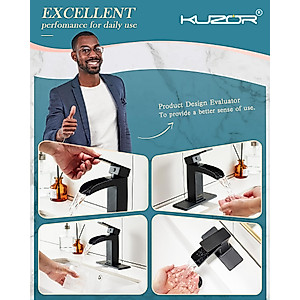 KUZOR Bathroom Faucets Single Hole Black Matte, Waterfall Matt Black Bathroom Sink Faucet One Hole with Metal Pop Up Drain, Solid Brass Square Faucet for Bathroom Vanity