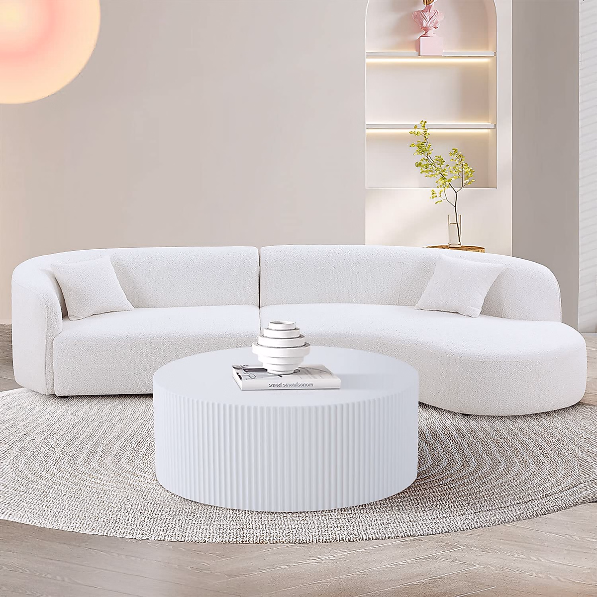 BSYEIO White Round Drum Coffee Table Modern Large Round Coffee Table Wood Side Table for Living Room Office Apartment